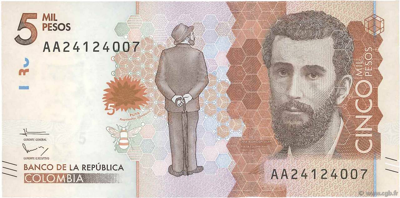 5000 Pesos COLOMBIA 2015 P 459 B97 6372 Banknotes