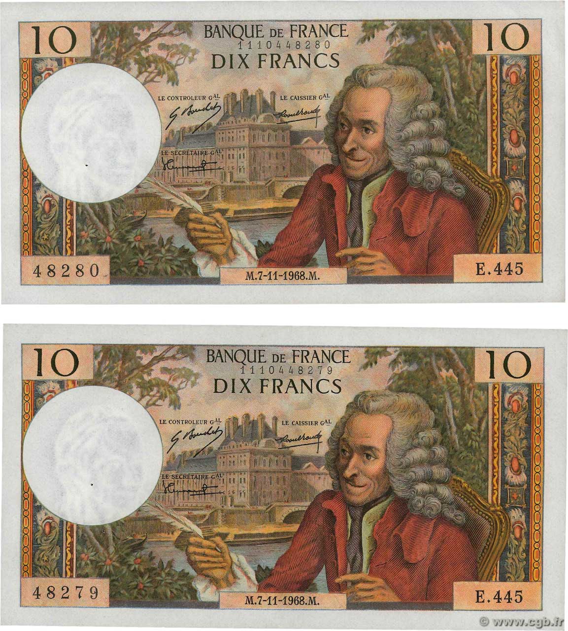 10 Francs VOLTAIRE Consécutifs FRANCE 1968 F.62.35 b97_7137 Billets