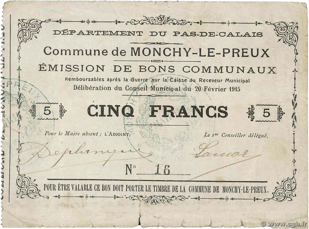 5 Francs FRANCE régionalisme et divers Monchy-Le-Preux 1915 JP.62-0904 ...