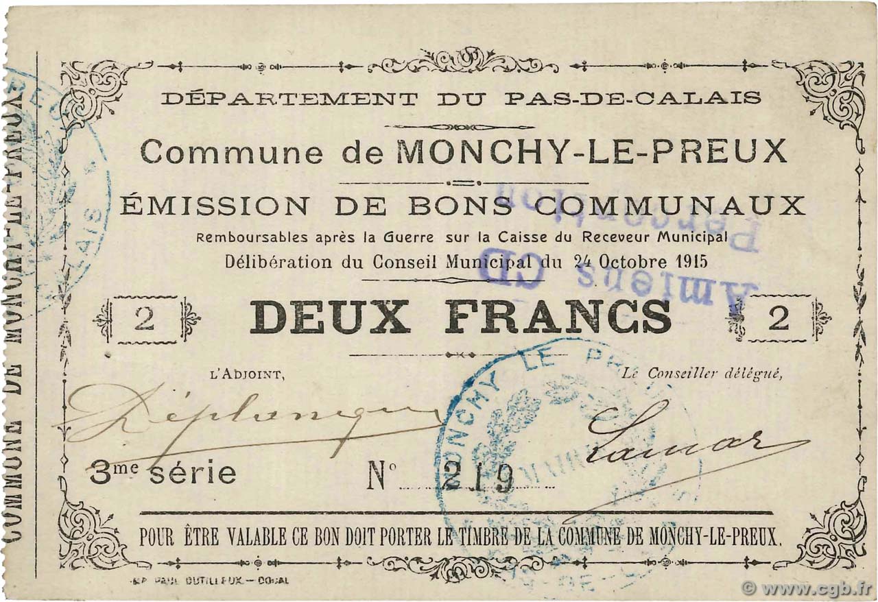 2 Francs FRANCE régionalisme et divers Monchy-Le-Preux 1915 JP.62-0913 ...