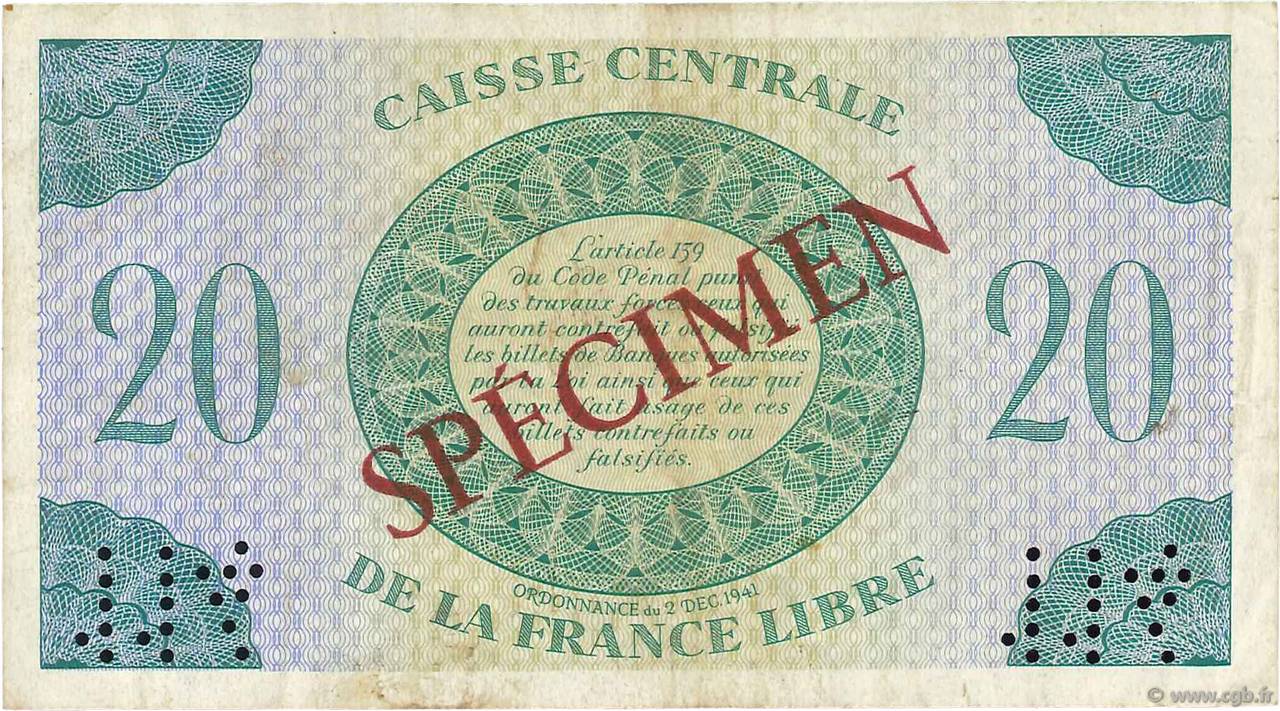 20 Francs Marianne CCFL Spécimen FRENCH EQUATORIAL AFRICA Brazzaville ...