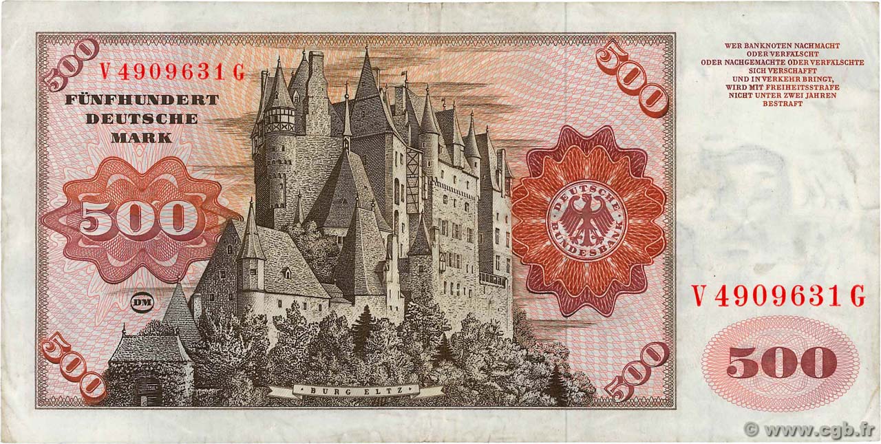 500 Deutsche Mark ALLEMAGNE FÉDÉRALE 1977 P.35b 4180275 Billets