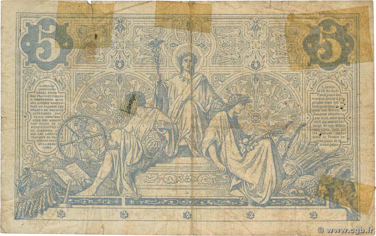 5 Francs NOIR FRANCE 1873 F.01.23 4330018 Banknotes