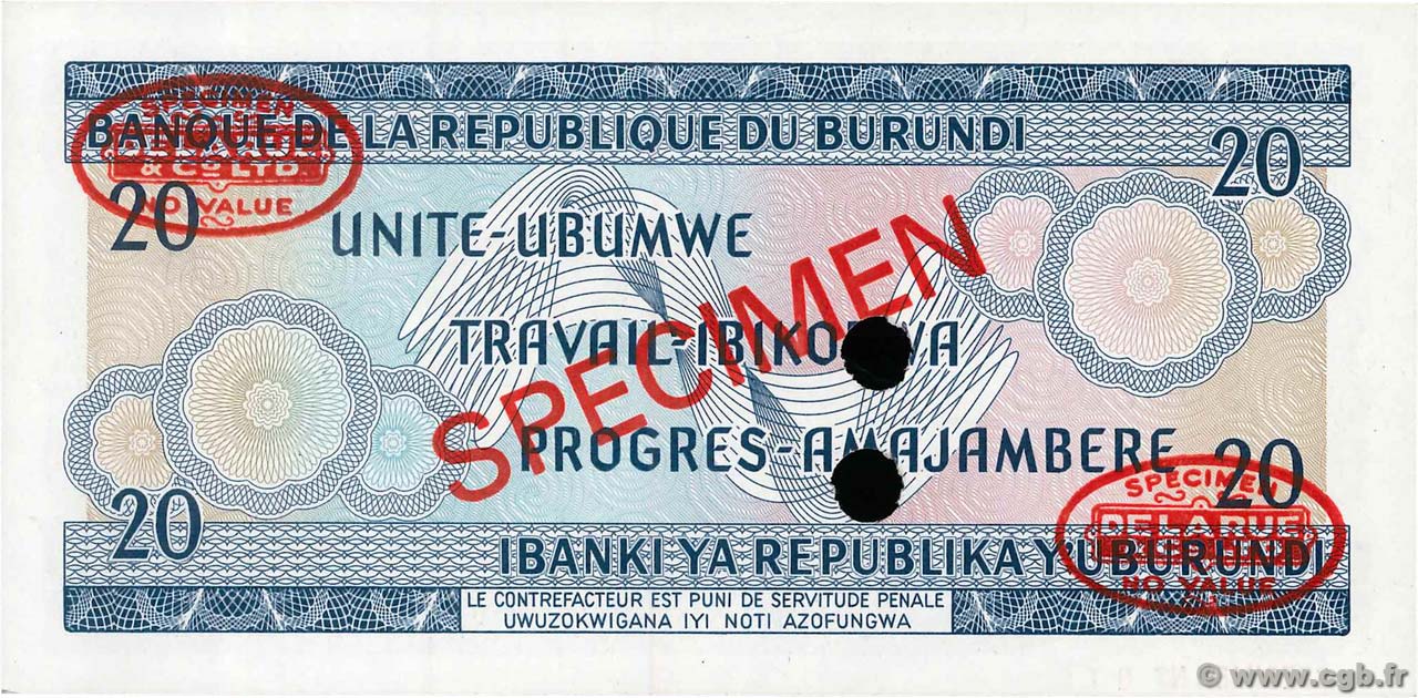 20 Francs Spécimen BURUNDI 1973 P.21s 4370106 Billets