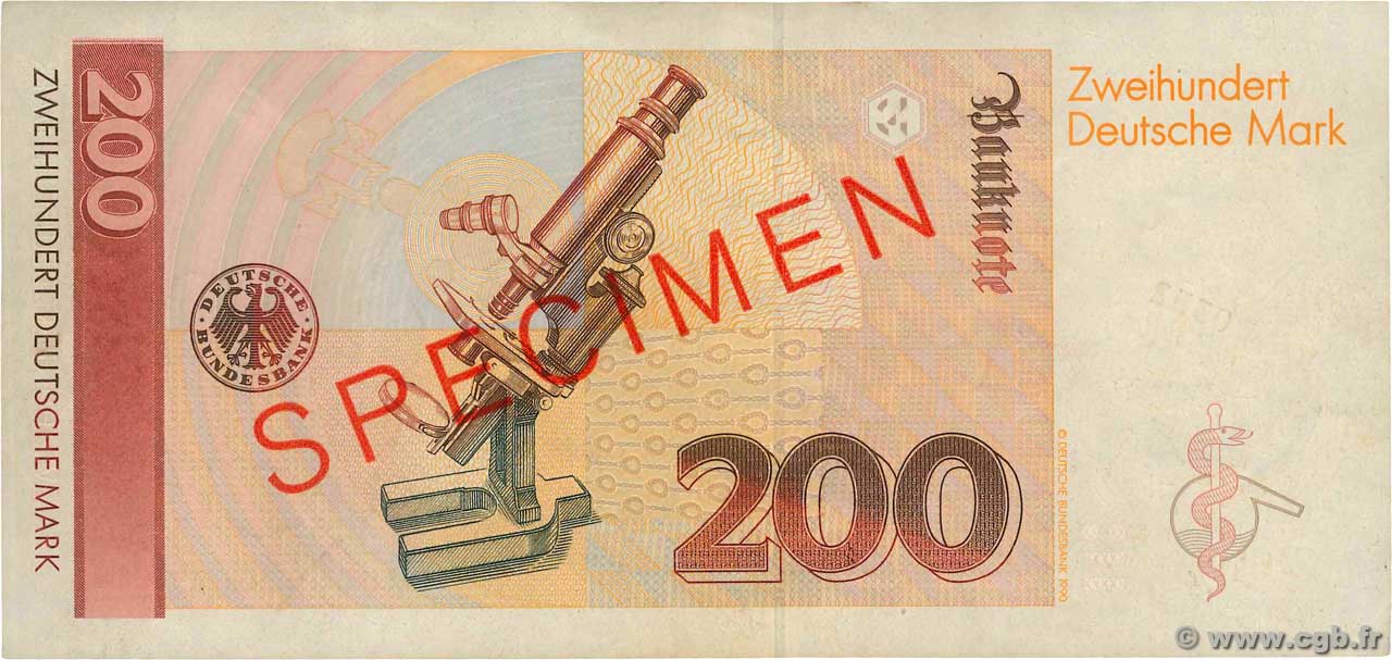 200 Deutsche Mark Spécimen ALLEMAGNE FÉDÉRALE 1989 P.42as 4420044 Billets