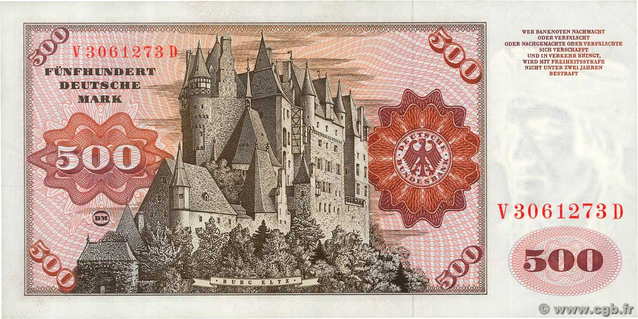 500 Deutsche Mark ALLEMAGNE FÉDÉRALE 1970 P.35a 4450029 Billets