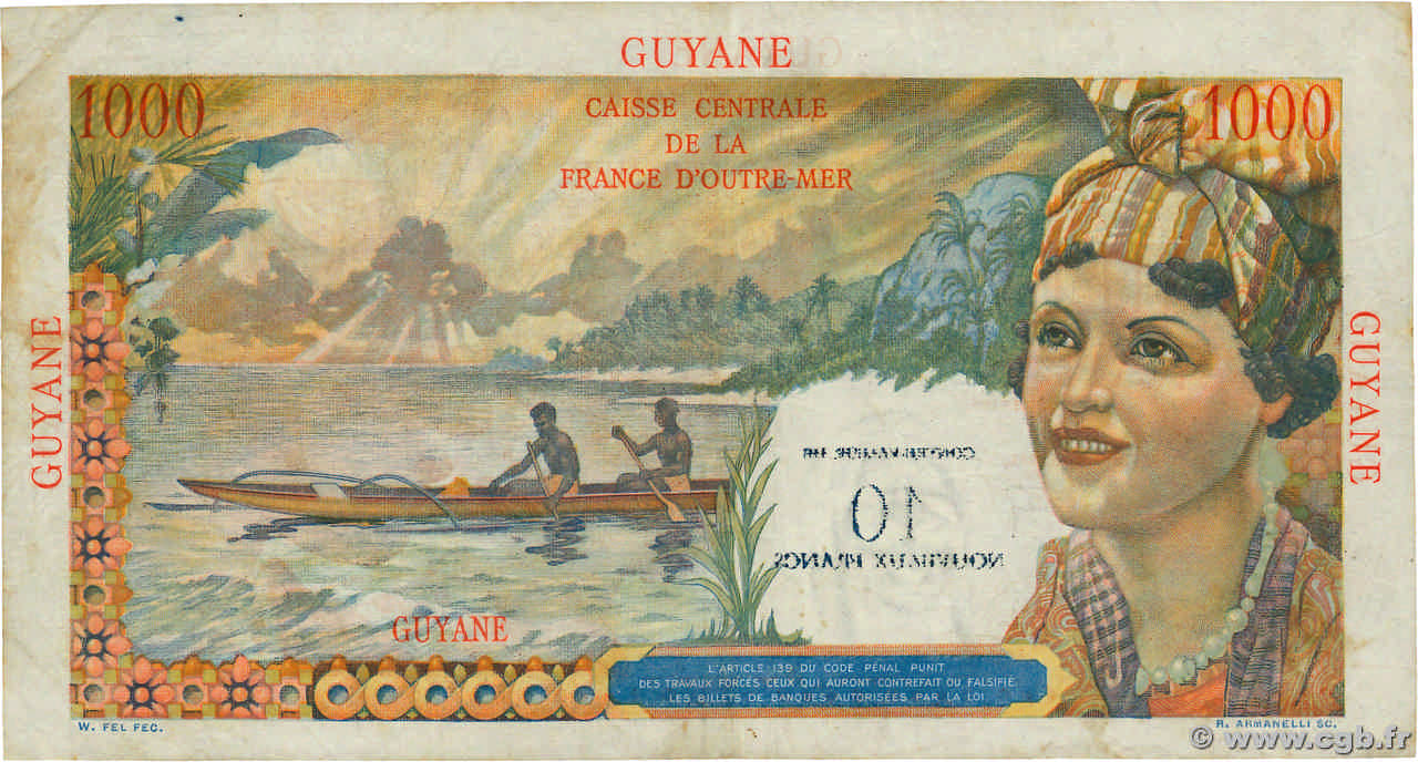 10 NF sur 1000 Francs Union Française GUYANE 1960 P.32 4570382 Billets