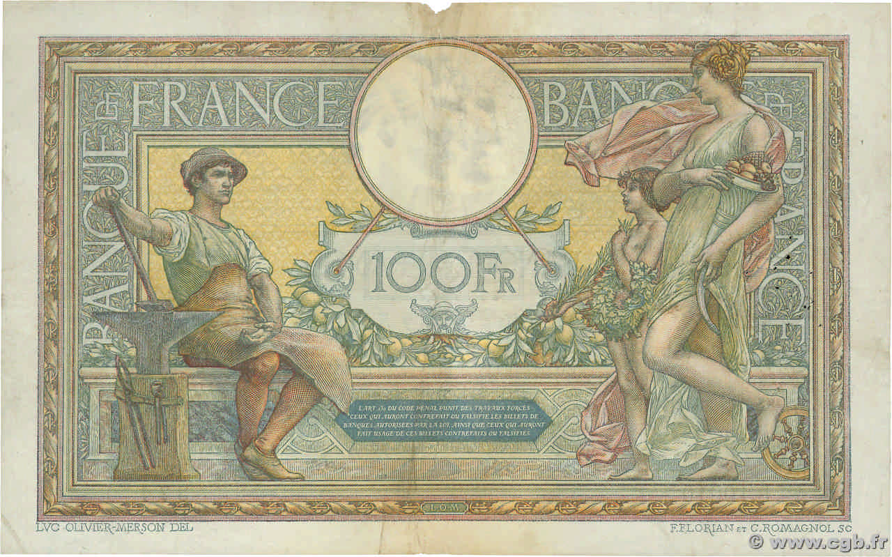 100 Francs LUC OLIVIER MERSON grands cartouches FRANCE 1923 F.24.01 ...