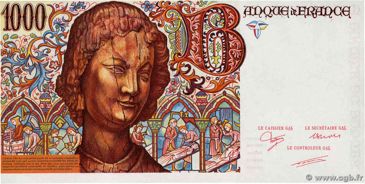 1000 Francs ART MÉDIÉVAL type 1983 adapté Non émis FRANCE 1987 NE.1987 ...