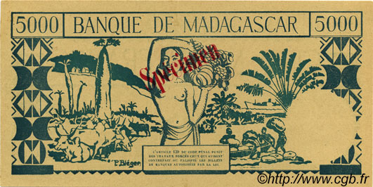 5000 Francs MADAGASCAR 1942 P.044s p08_0204 Banknotes