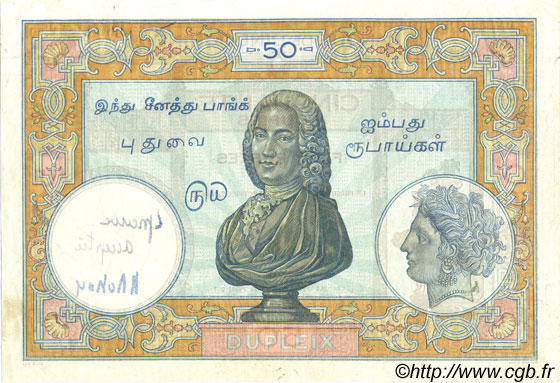 50 Roupies FRENCH INDIA 1936 P.07s p08_0386 Banknotes