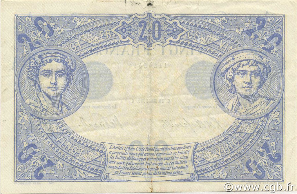 20 Francs BLEU FRANCE 1906 F.10.01 p19_0087 Banknotes