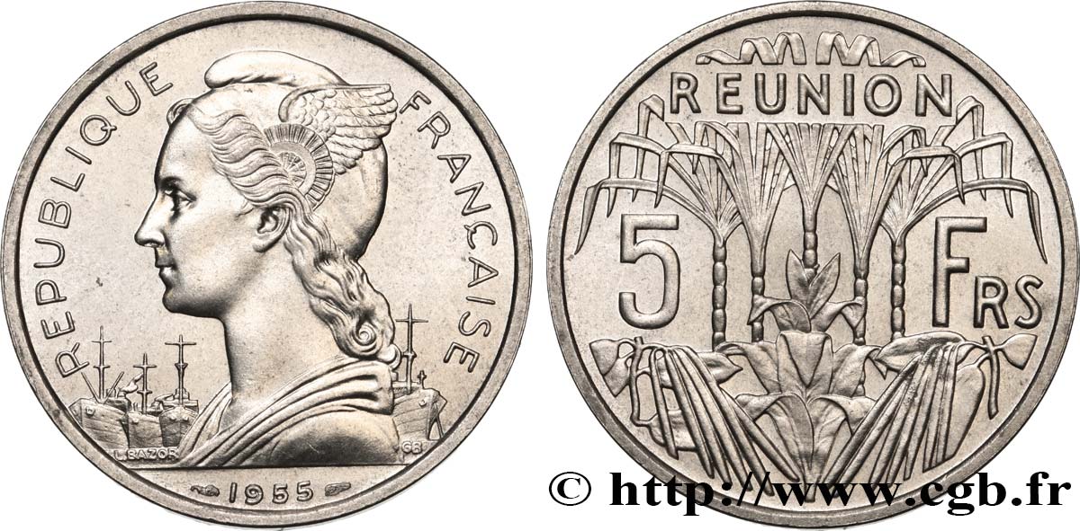 ÎLE DE LA RÉUNION 5 Francs Marianne / canne à sucre 1955 Paris fco ...