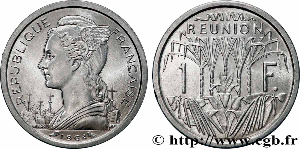 ÎLE DE LA RÉUNION 1 Franc Marianne / canne à sucre 1964 Paris fco ...