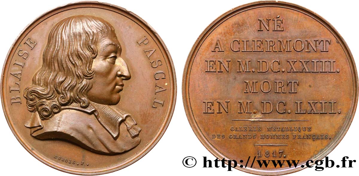 GALERIE MÉTALLIQUE DES GRANDS HOMMES FRANÇAIS Médaille, Blaise Pascal ...