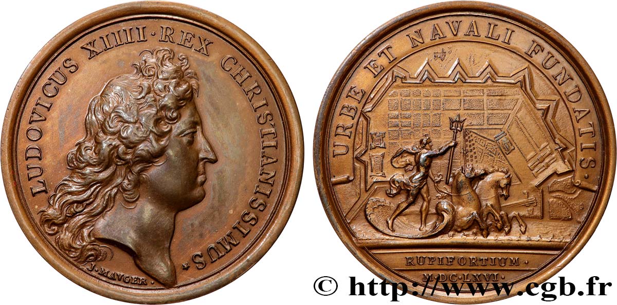 LOUIS XIV "THE SUN KING" Médaille, Le port de Rochefort, refrappe fme ...