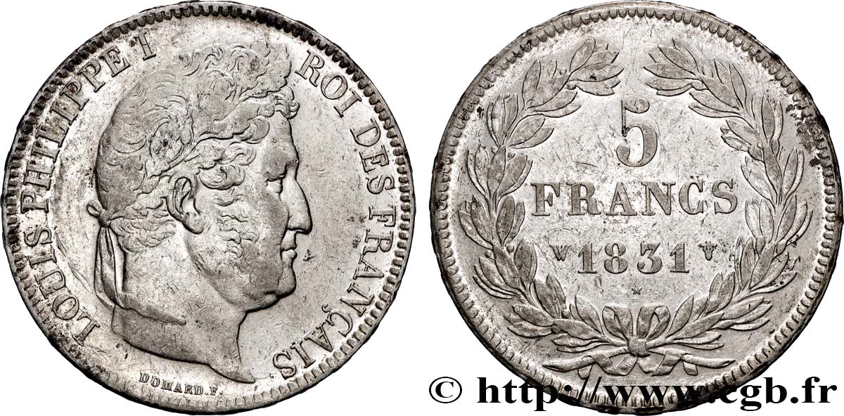 5 francs Ier type Domard, tranche en relief 1831 Lille F.320/13 fmd ...