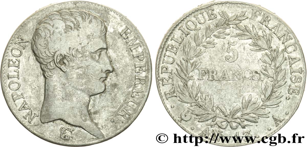 5 francs Napoléon Empereur, calendrier révolutionnaire 1805 Paris F.303 ...