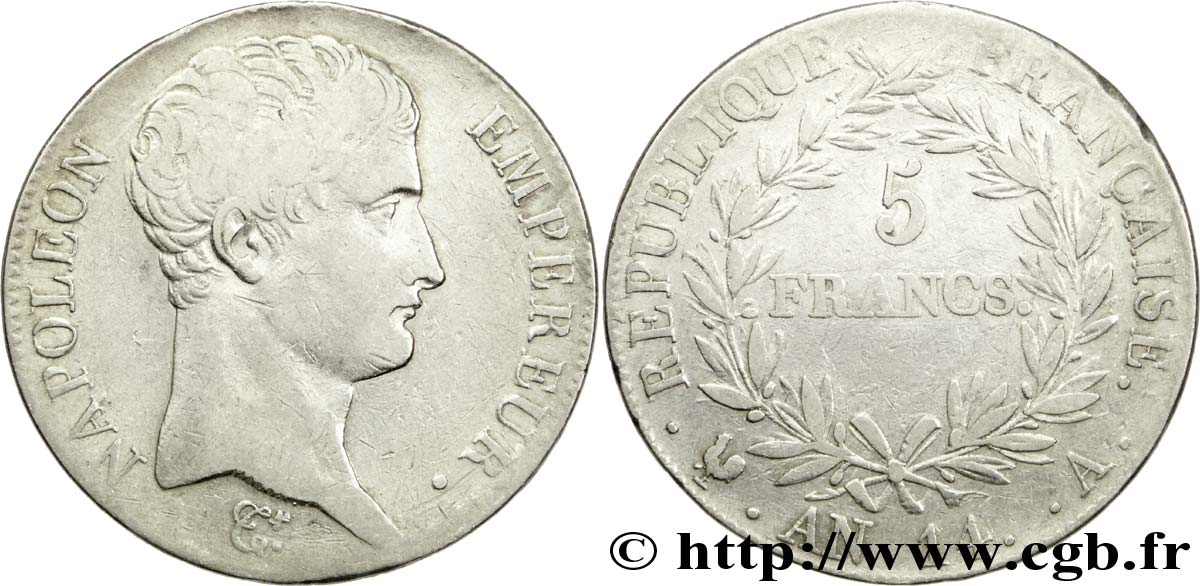 5 francs Napoléon Empereur, Calendrier révolutionnaire 1805 Paris F.303 ...