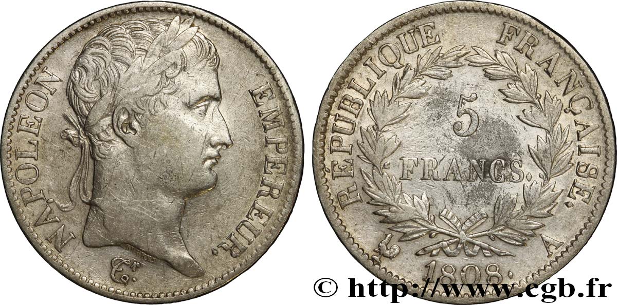 5 francs Napoléon Empereur, République française 1808 Paris F.306/2 fmd ...
