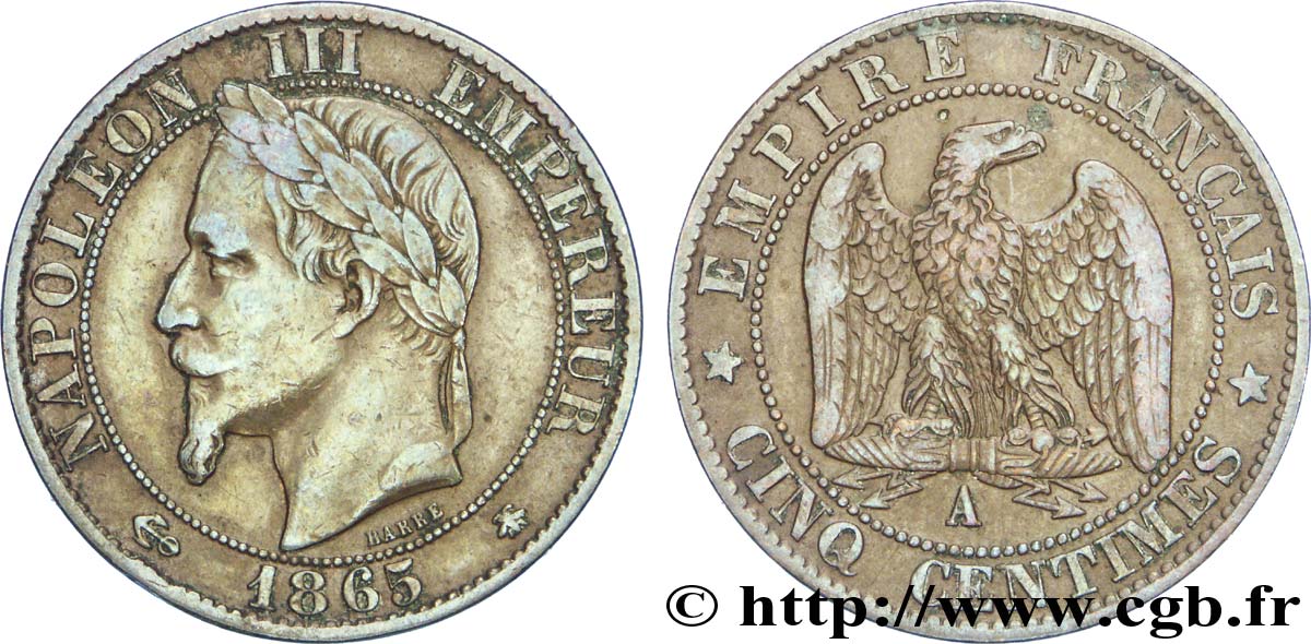 Cinq centimes Napoléon III, tête laurée 1865 Paris F.117/16 fmd_194527 ...