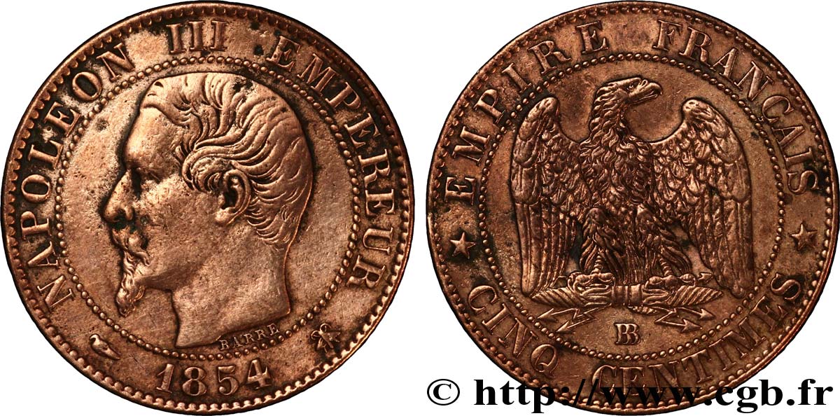 Cinq centimes Napoléon III, tête nue, grande abeille 1854 Strasbourg F ...