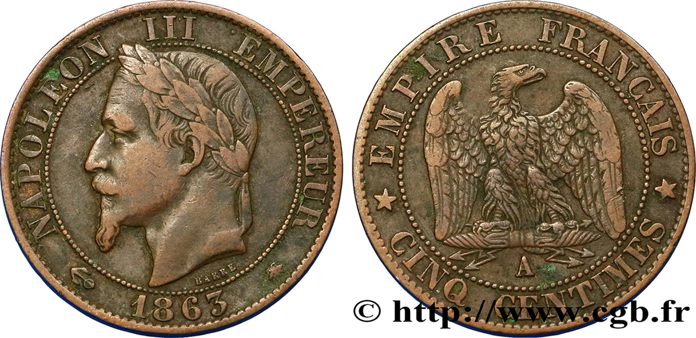 Cinq centimes Napoléon III, tête laurée 1863 Paris F.117/10 fmd_370657 ...