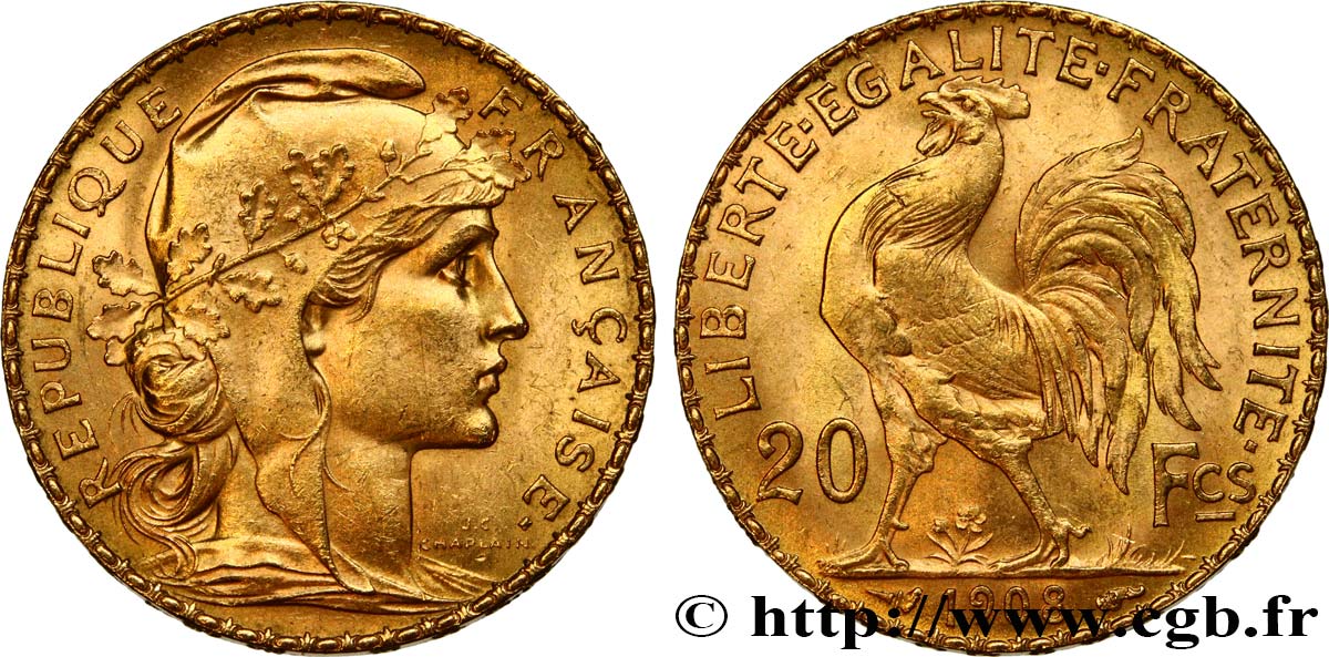 20 francs or Coq, Liberté Égalité Fraternité 1908 Paris F.535/2 fmd ...