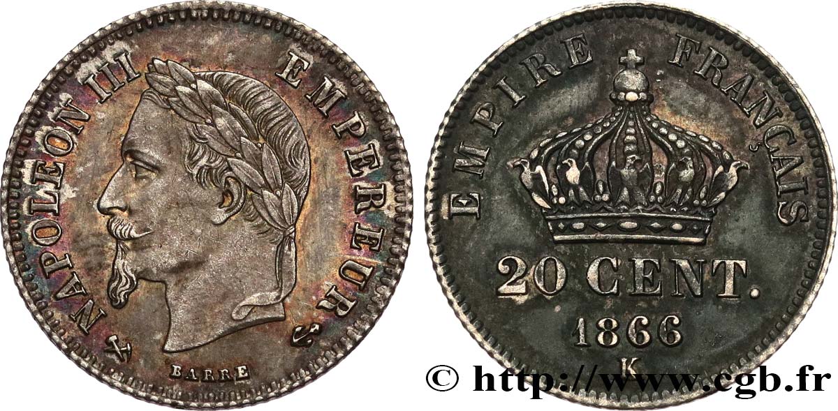 20 centimes Napoléon III, tête laurée, petit module 1866 Bordeaux F.149/6 fmd_641978 Modernes