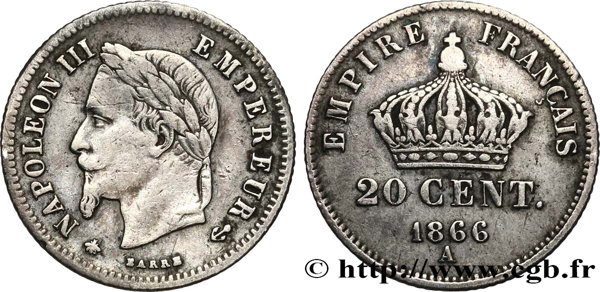20 centimes Napoléon III, tête laurée, petit module 1866 Paris F.149/4 fmd_671706 Modernes