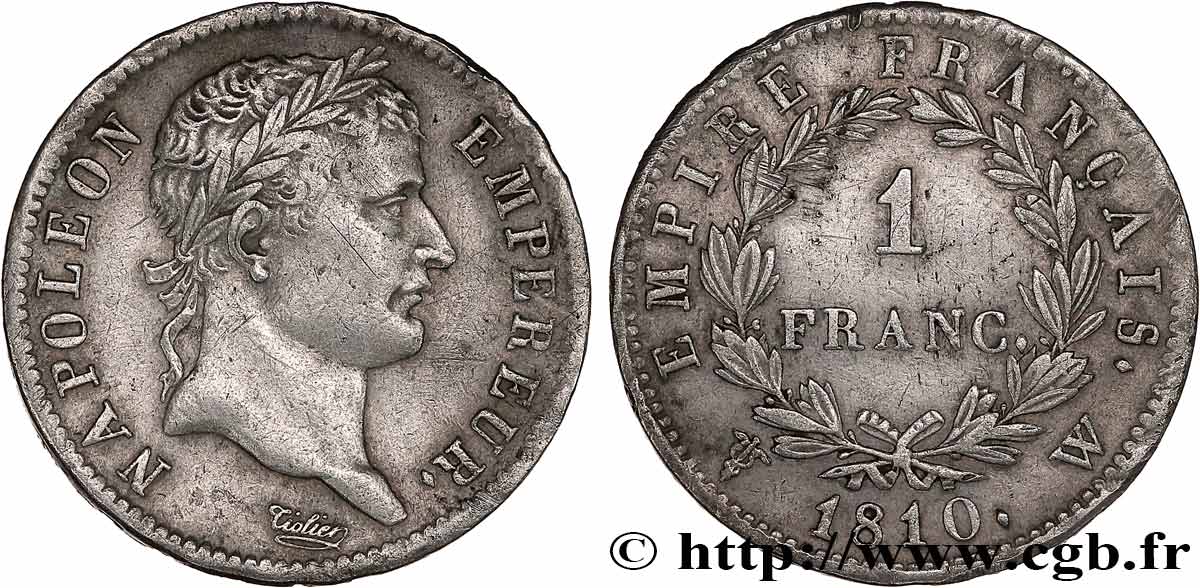 1 franc Napoléon Ier tête laurée, Empire français 1810 Lille F.205/27 ...