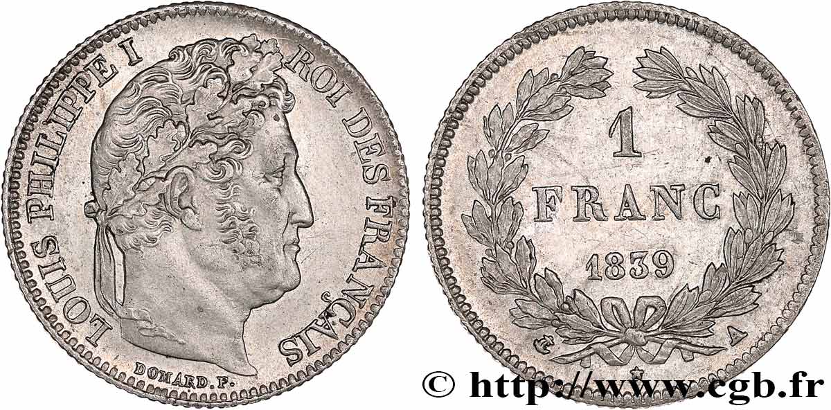 1 franc Louis-Philippe, couronne de chêne 1839 Paris F.210/67 fmd ...
