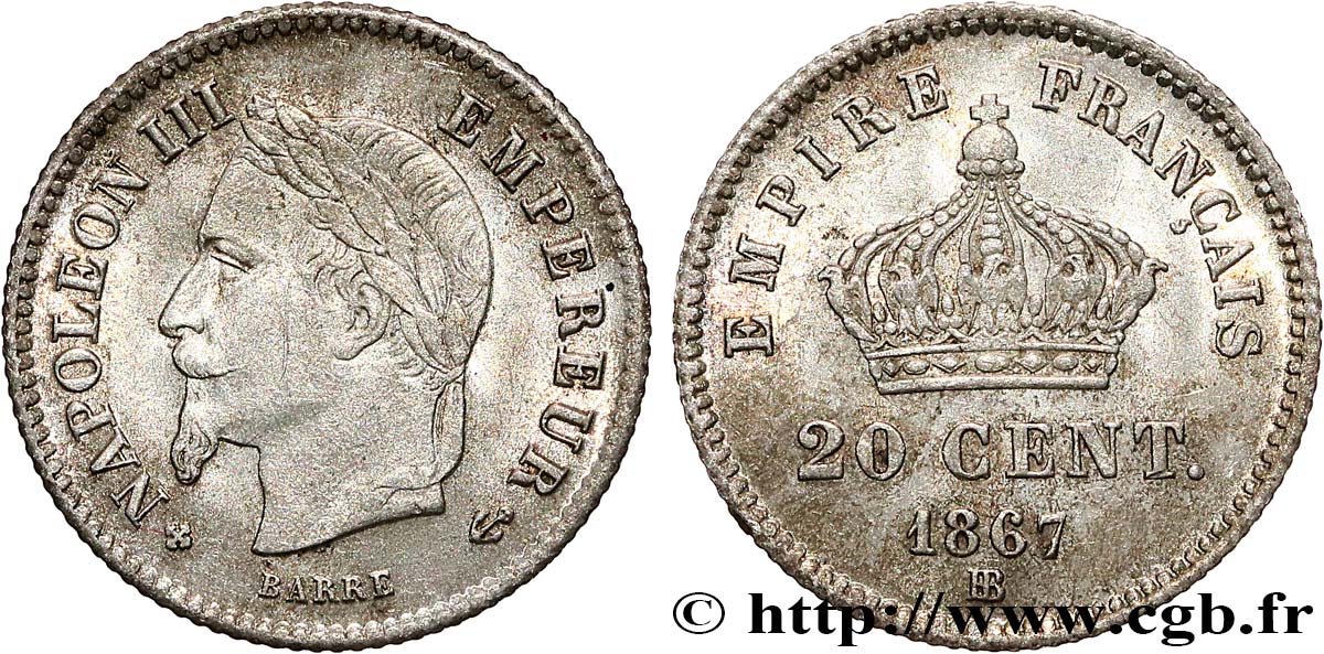 20 centimes Napoléon III, tête laurée, grand module 1867 Strasbourg F.150/2 fmd_791101 Modernes