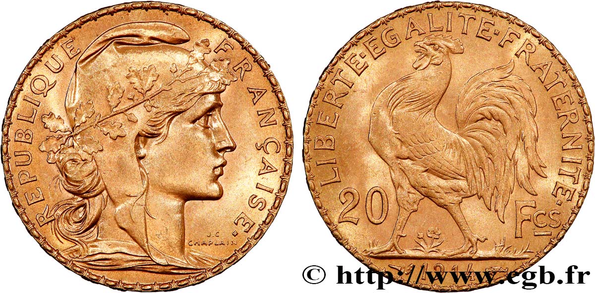 20 francs or Coq, Liberté Égalité Fraternité 1914 Paris F.535/8 fmd ...