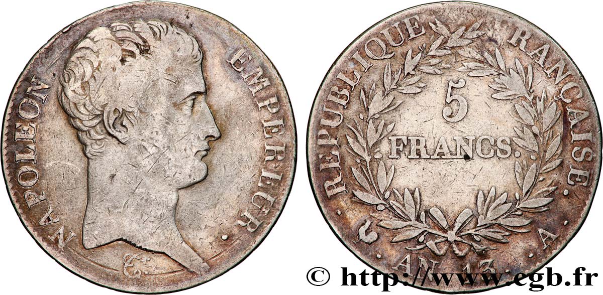 5 francs Napoléon Empereur, Calendrier révolutionnaire 1805 Paris F.303 ...