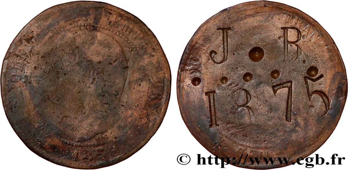 Dix centimes Napoléon III, tête nue, contremarqué 1856 Rouen F.133/35 ...