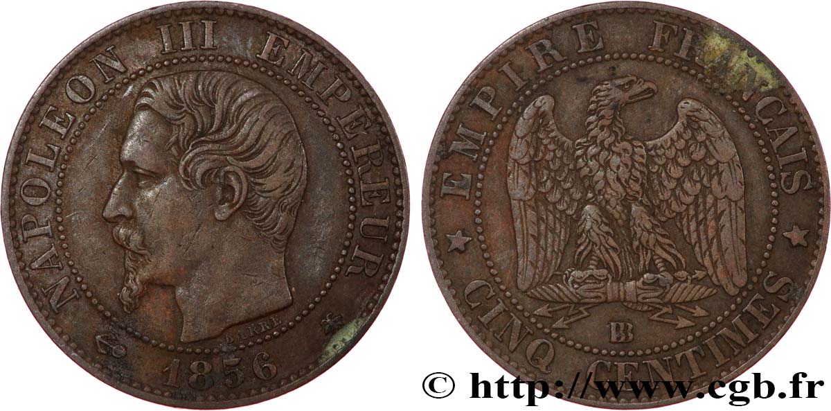 Cinq centimes Napoléon III, tête nue 1856 Strasbourg F.116/32 fmd ...