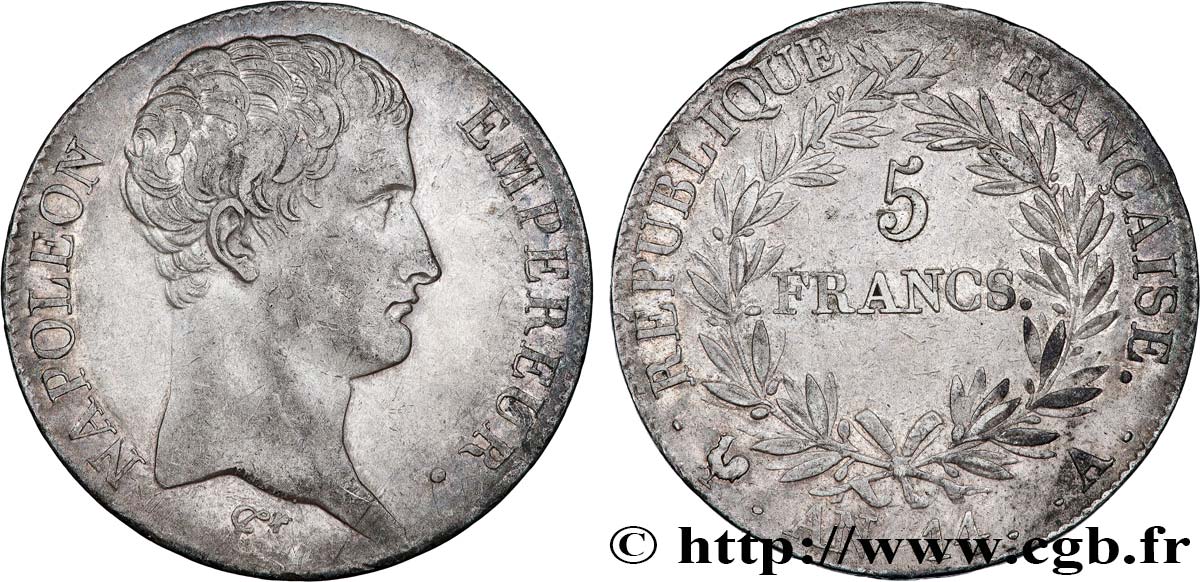 5 francs Napoléon Empereur, Calendrier révolutionnaire 1805 Paris F.303 ...