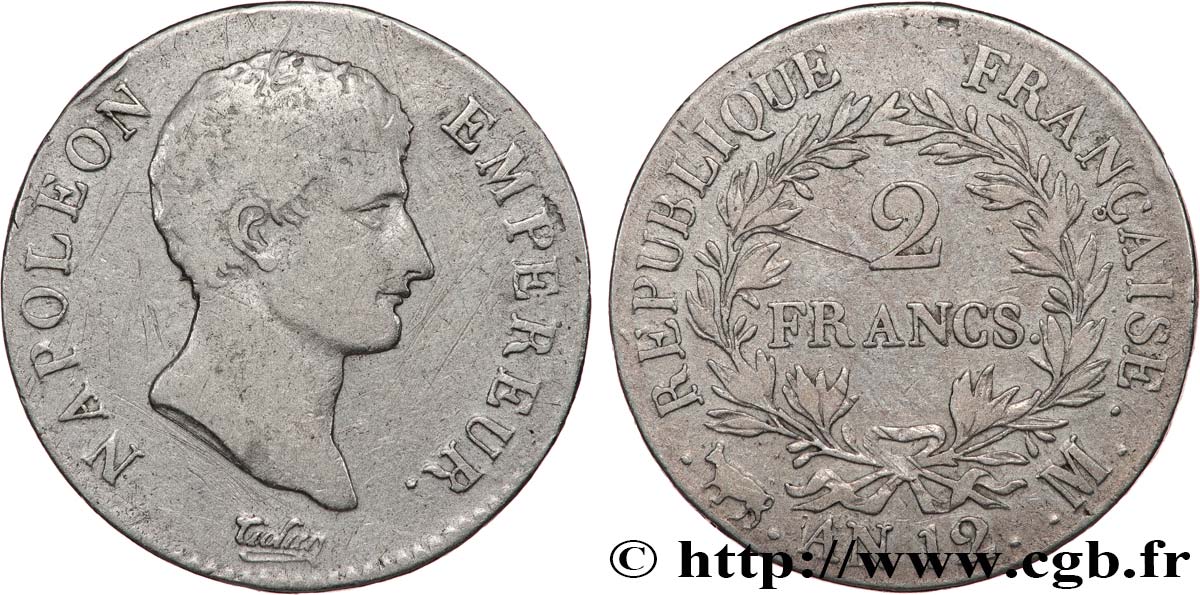 2 francs Napoléon Empereur, Calendrier révolutionnaire 1804 Toulouse F ...