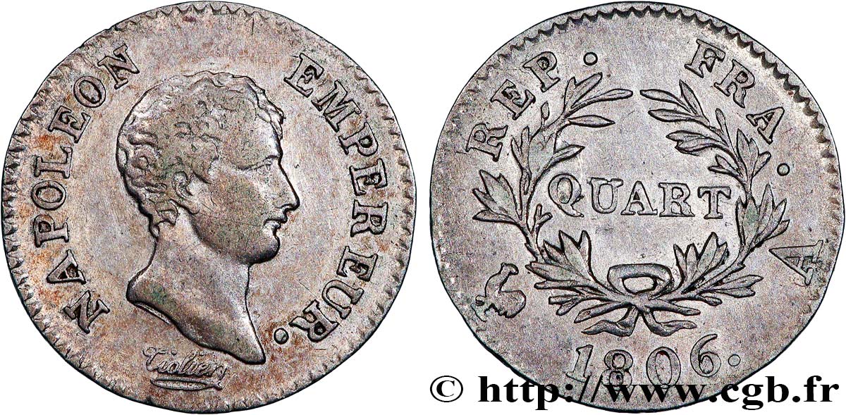 Quart (de franc) Napoléon Empereur, Calendrier grégorien 1806 Paris F ...