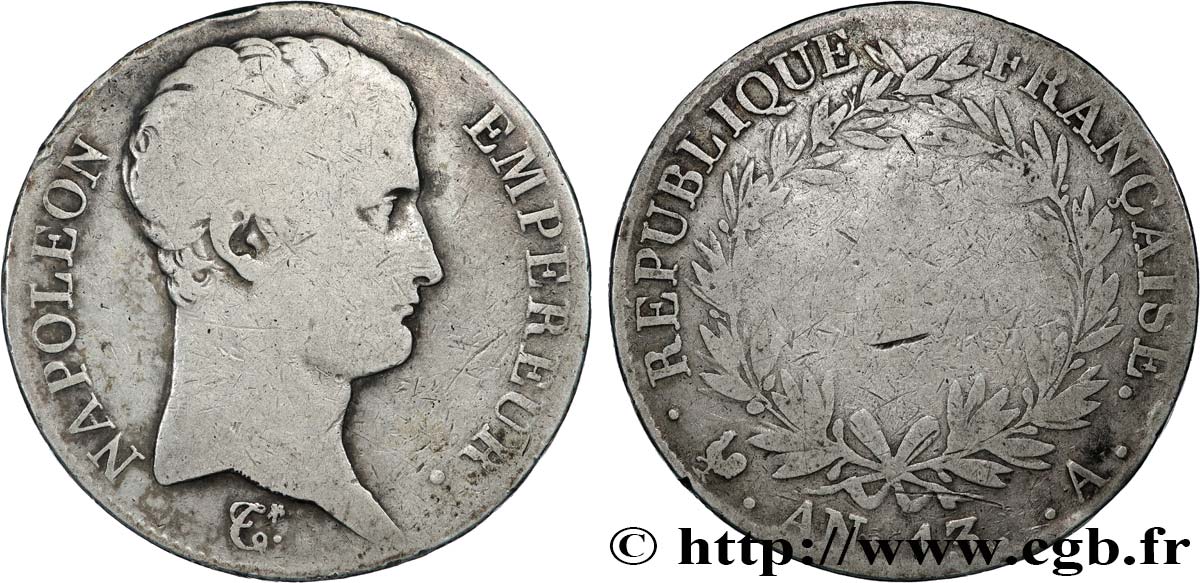 5 francs Napoléon Empereur, Calendrier révolutionnaire 1805 Paris F.303 ...