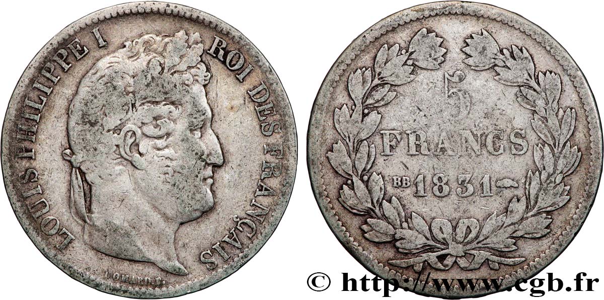 5 francs Ier type Domard, tranche en relief 1831 Strasbourg F.320/3 fmd ...