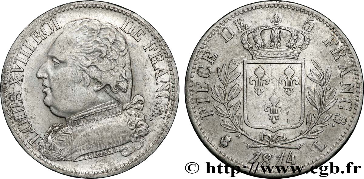 5 francs Louis XVIII, buste habillé 1814 Bayonne F.308/8 fmd_870994 ...