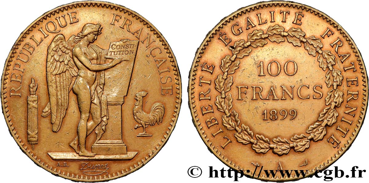 100 francs or Génie, tranche inscrite en relief Dieu protège la France ...