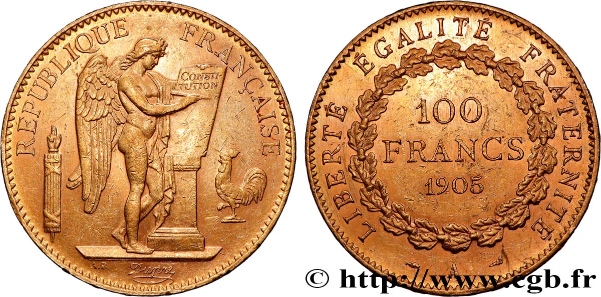 100 francs or Génie, tranche inscrite en relief Dieu protège la France ...