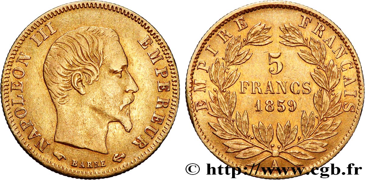 5 francs or Napoléon III, tête nue, grand module 1859 Paris F.501/7 fmd ...