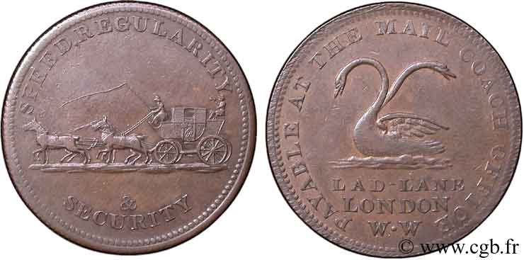 ROYAUME-UNI (TOKENS) 1/2 Penny Mail Coach Office (Middlesex ) cygnes ...