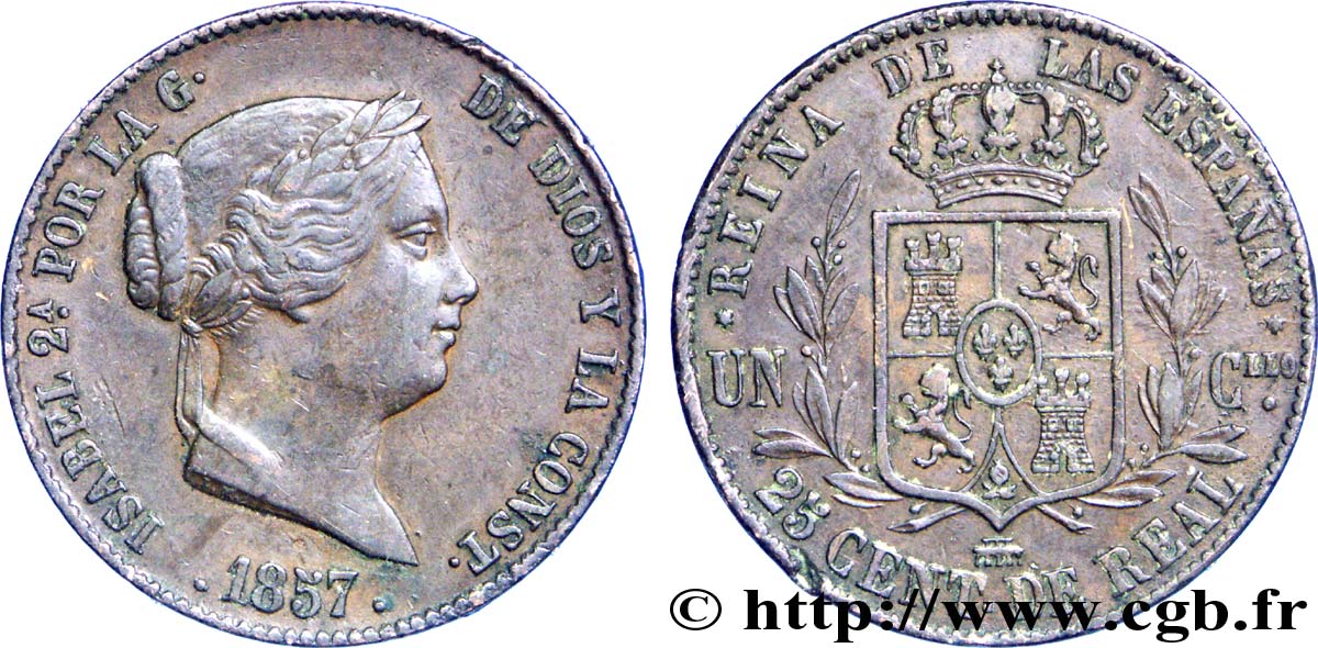 SPAIN 25 Centimos de Real (Cuartillo) Isabelle II / écu couronné 1857 ...