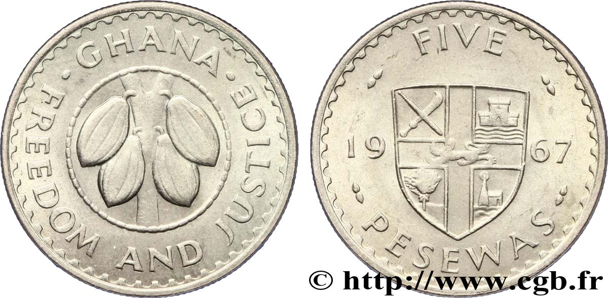 GHANA 5 Pesewas fèves de cacao / blason 1967 fwo_231298 Monde
