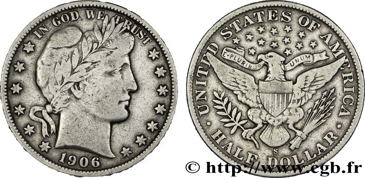 UNITED STATES OF AMERICA 1/2 Dollar Barber 1906 San Francisco fwo ...